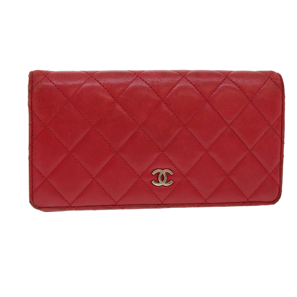 CHANEL | Bags | Chanel Matelasse Wallet Lamb Skin Red Cc Auth Fm25 ...